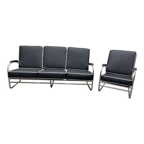 1930s Art Deco Chrome Tubular Sofa And Lounge Chair Set In Black Leather
