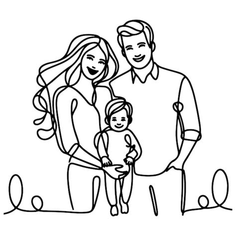 Arte contínua de uma linha preta desenhando família feliz pai e mãe