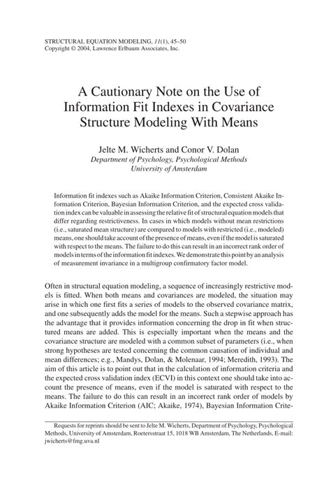 Pdf A Cautionary Note On The Use Of Information Fit Indexes In Covariance Structure Modeling