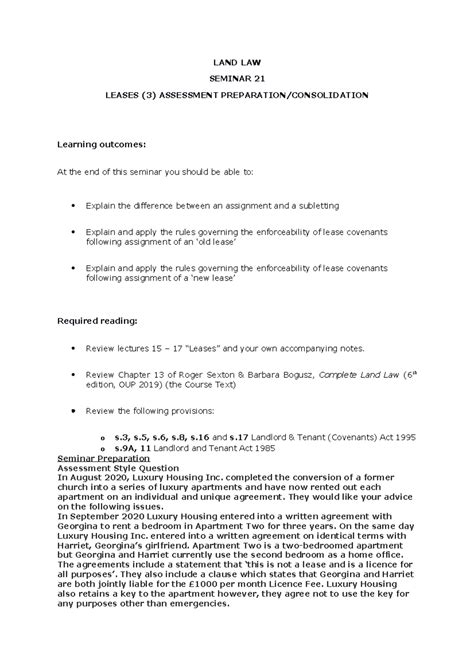 Seminar 22 Leases 3 Assessment Preparation Land Law Seminar 21