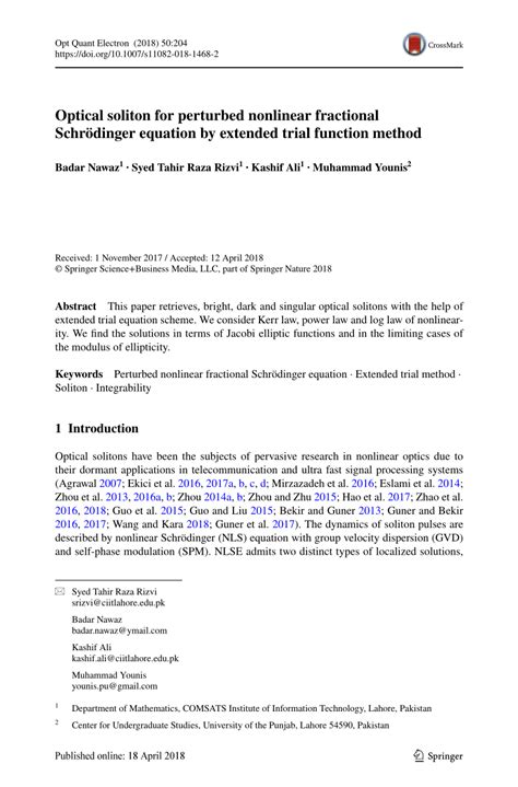 Pdf Optical Soliton For Perturbed Nonlinear Fractional Schrödinger