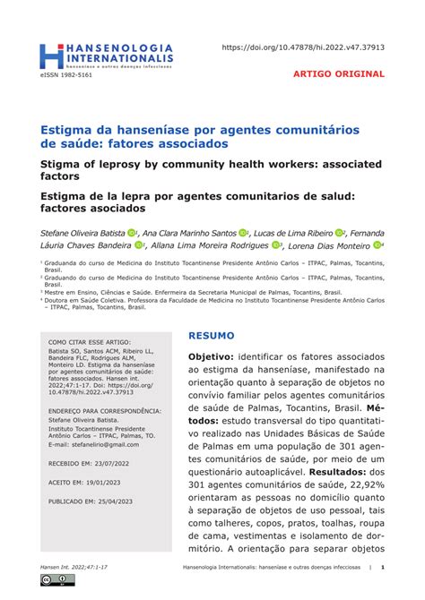 PDF Estigma da hanseníase por agentes comunitários de saúde fatores associados