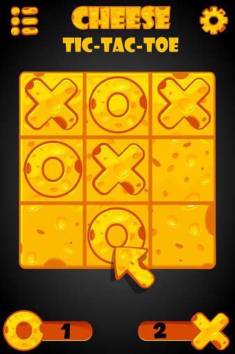 치즈 스타일의 Tictactoe 커서 화살표가 있는 Ui 게임 벡터 만화 전략 게임 Noughts 및 Crosses 모바일 게임