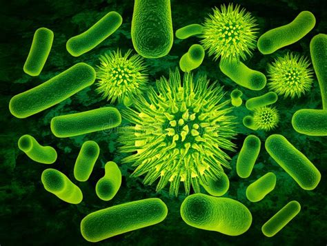 Vivid 3d Microscopic View Of Green Bacteria And Viral Pathogens Stock