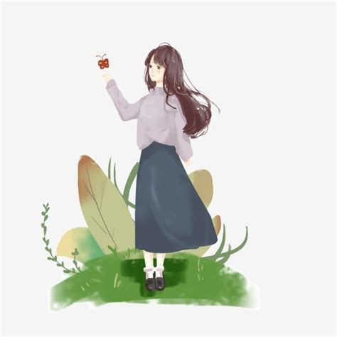 빨간 나비의 봄 일러스트 문자 그림 녹색 잎을 가진 예쁜 소녀 봄 투어 캐릭터 일러스트 나비 봄 Png 일러스트 및 Psd