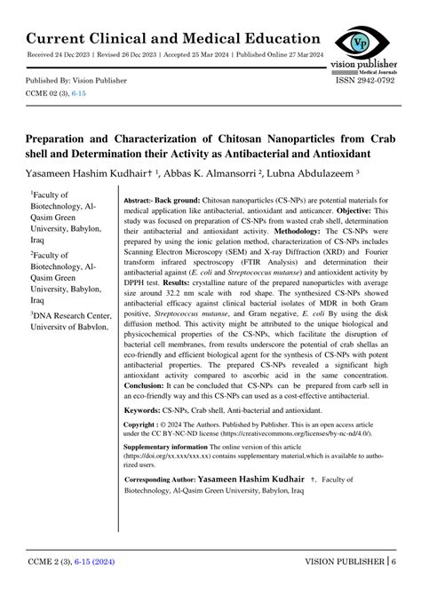 Pdf Preparation And Characterization Of Chitosan Nanoparticles From Crab Shell And