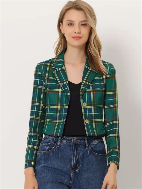 Allegra K Blazer court en tartan extensible à revers cranté Rwco