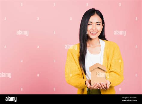 Happy Asian Portrait Beautiful Cute Young Woman Excited Smiling Holding