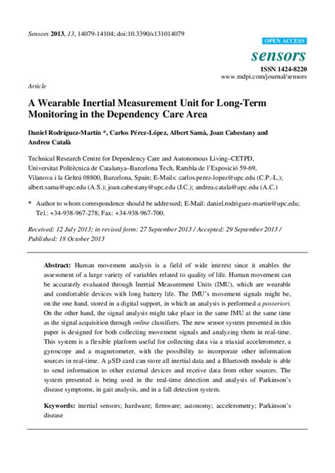 Pdf A Wearable Inertial Measurement Unit For Long Term Monitoring In The Dependency Care Area