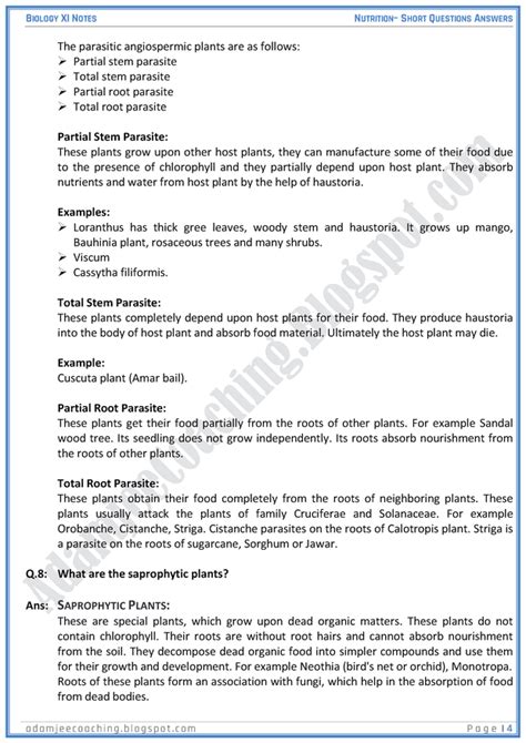 Adamjee Coaching Nutrition Short Question Answers Biology 11th