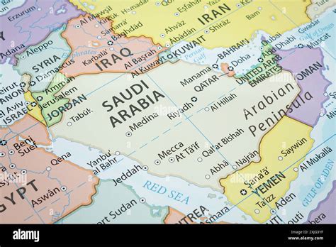 Close Up To A Saudi Arabia Political Map With Country Frontiers And