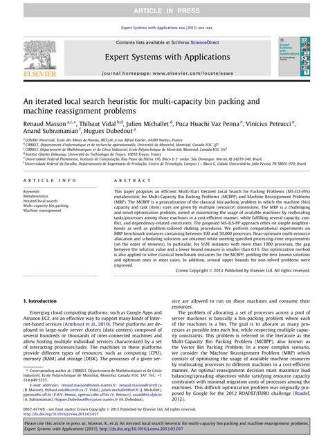 Pdf An Iterated Local Search Heuristic For Multi Capacity Bin Packing And Machine Reassignment