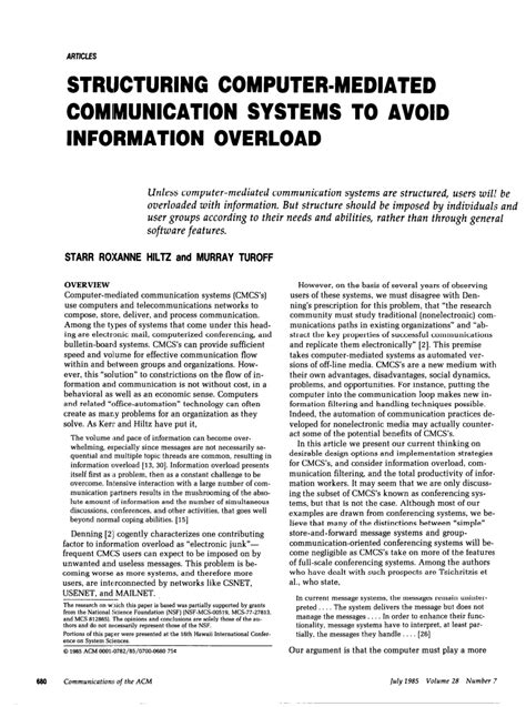 Pdf Structuring Computer Mediated Communication Systems To Avoid Information Overload