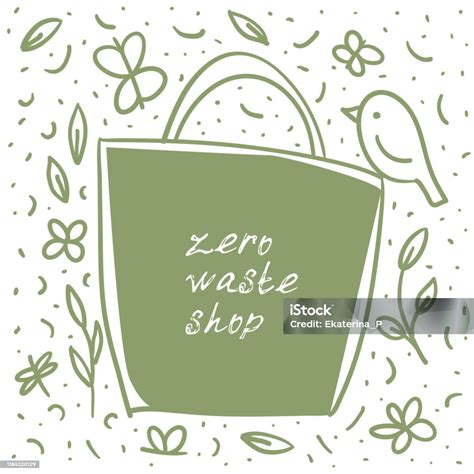 제로 폐기물 가게 로고 가방을 가지고 텍스트 서예 문자 흰색에 손으로 낙서 꽃 잎과 나비 잠자리 새 오염 문제 개념 에코 생태 배너 포스터 베코르 들 0에 대한 스톡 벡터