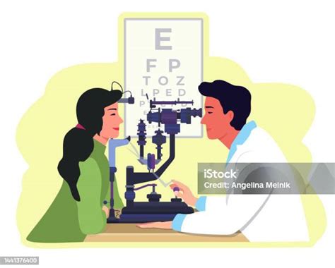 슬릿 램프를 사용하여 환자의 시력을 검사하는 안과 의사 안과 의사 안과 의사 약속 눈 관리 검진여성 고객과 의사 시력 검진 평면