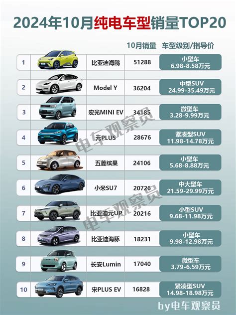2024年10月纯电车型销量排行榜top20搜狐汽车搜狐网