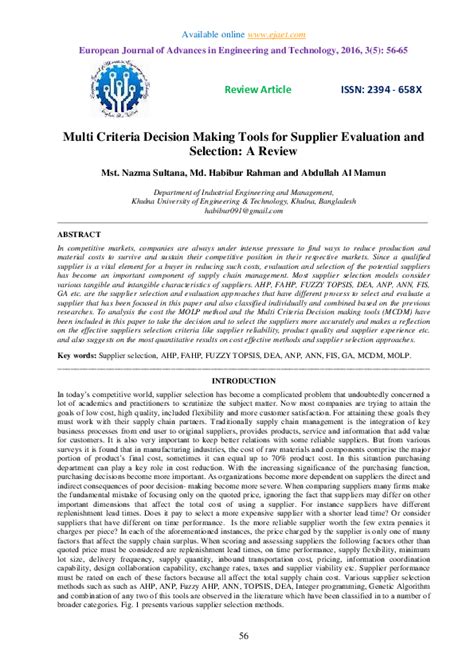 Pdf Multi Criteria Decision Making Tools For Supplier Evaluation And
