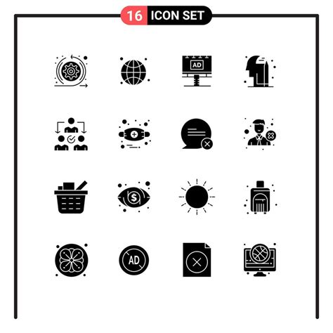 Mobile Interface Solid Glyph Set Of 16 Pictograms Of Delegate Pencile Ad Mind Advertisment