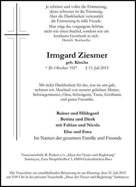 Traueranzeigen Von Irmgard Ziesmer Trauer In Nrw De