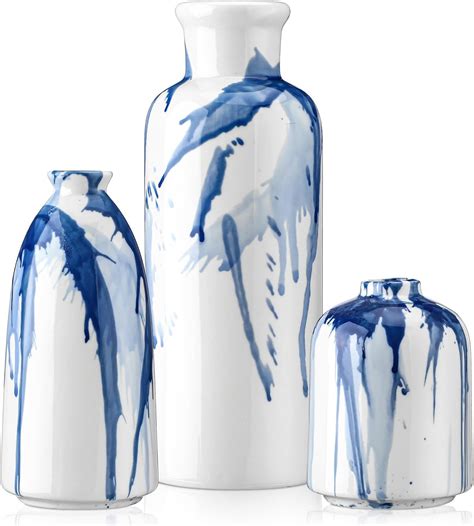 Set Of 5 Blue And White Ceramic Small Bud Vases Modern