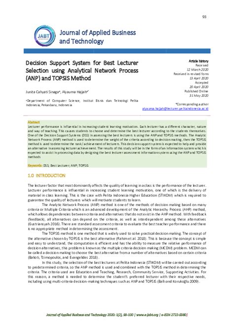 Pdf Decision Support System For Best Lecturer Selection Using