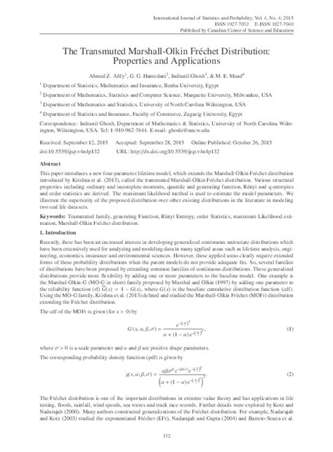 Pdf The Transmuted Marshall Olkin Fréchet Distribution Properties And Applications