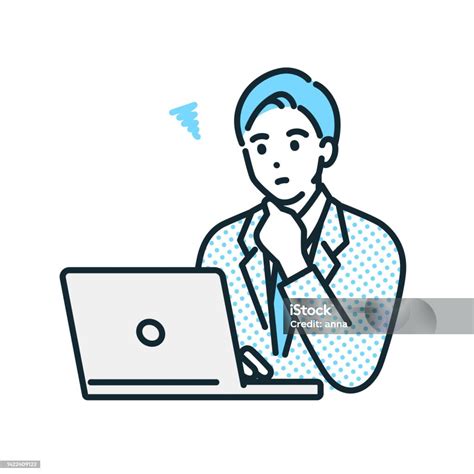 개인용 컴퓨터 앞에서 머리를 기울이는 사업가 걱정스러운 남자의 삽화 자료 고객 서비스 담당자에 대한 스톡 벡터 아트 및 기타