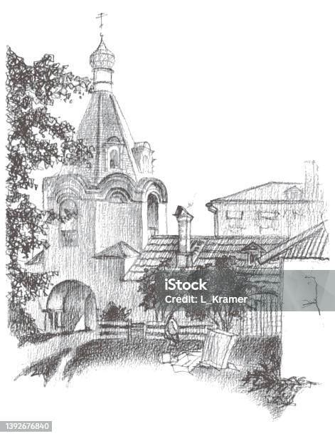 Printvector는 러시아 Pskov 마을의 전통 건축 러시아 스타일의 고대 교회와 연필 손으로 그린 풍경 스케치를