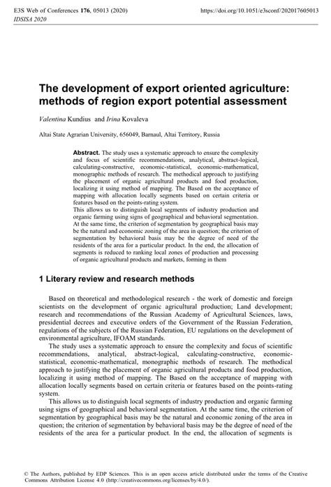 Pdf The Development Of Export Oriented Agriculture Methods Of Region