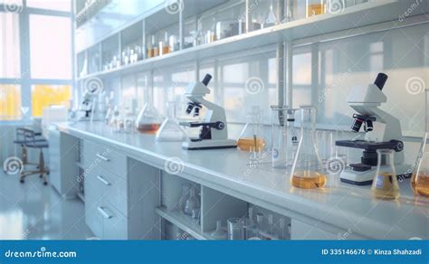 A Bright And Clean Science Lab With Beakers Test Tubes And Microscopes On The Counters Stock