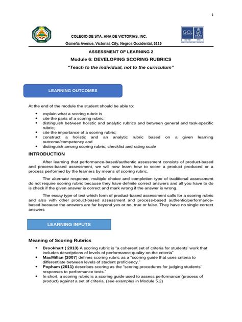 Module 6 Developing Scoring Rubrics Pdf