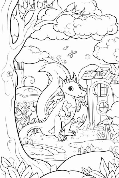 Premium AI Image A Coloring Page With A Dragon And A House In The Background Generative Ai
