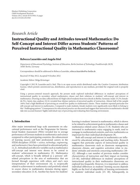 Pdf Instructional Quality And Attitudes Toward Mathematics Do Self Concept And Interest