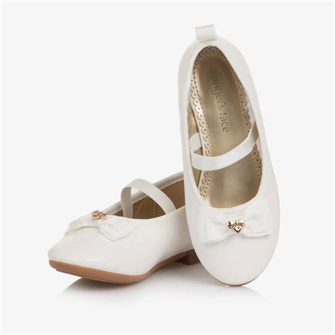 Angels Face Girls White Faux Leather Ballerina Pumps With Ribbon