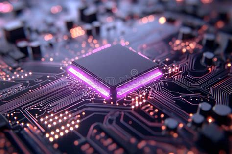 Close Up View Of Circuit Board Featuring Central Processing Unit With Glowing Edges Showcasing