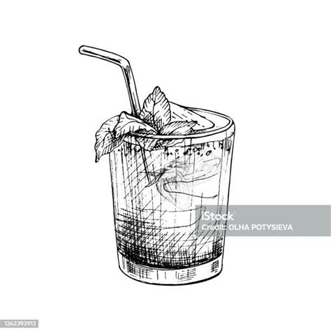 짚 슬라이스 딸기 민트 잎을 곁들인 모히토 칵테일 빈티지 부칭 그리기에 대한 스톡 벡터 아트 및 기타 이미지 그리기 모히토 밀짚 Istock