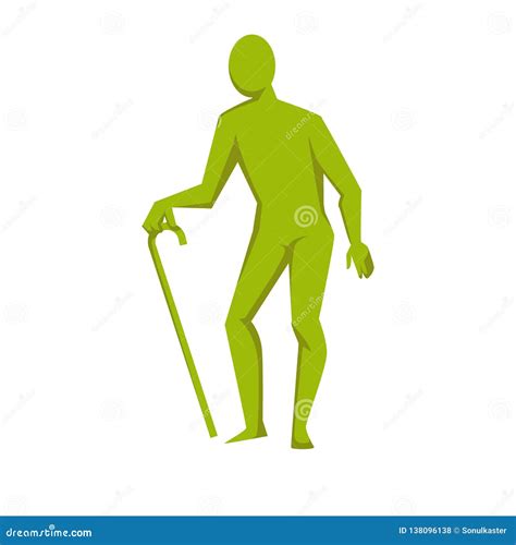Elderly Person Isolated Green Figure With Cane Stock Vector