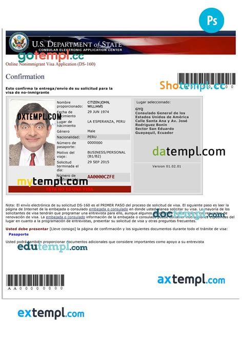 Usa Nonimmigrant Visa Application Ds 160 Psd Example With Fonts