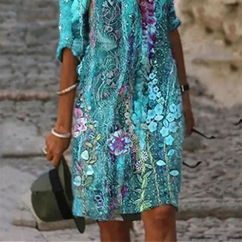 Mulheres Vestido De Turno Vestido No Joelho Manga 3 4 Floral Imprimir