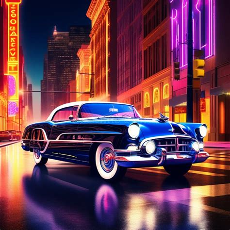 A Vintage Car Cruising Down A Neon Lit City Street At Night By Jacob