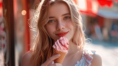 Close Up Of A Pretty Girl Eating Ice Cream Woman With Ice Cream Summer