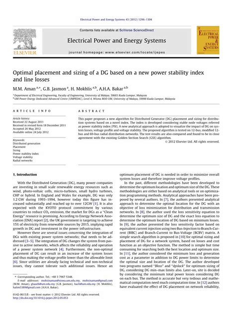 Pdf Optimal Placement And Sizing Of A Dg Based On A New Power