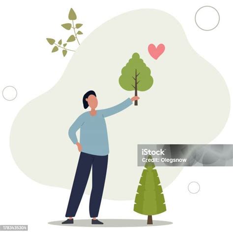 지속 가능한 개발 개념 녹색 산업의 이점을 보여주는 캐릭터 식물과 Treesflat 벡터 일러스트 레이 션을 돌보는 모습 기후