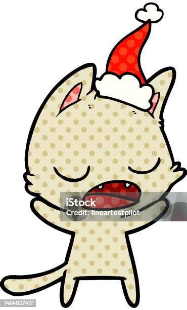 말하는 고양이 손으로 그린 만화책 스타일의 산타 모자를 쓰고 있는 그림 고양이 울음소리에 대한 스톡 벡터 아트 및 기타 이미지 고양이 울음소리 귀여운 낙서 드로잉