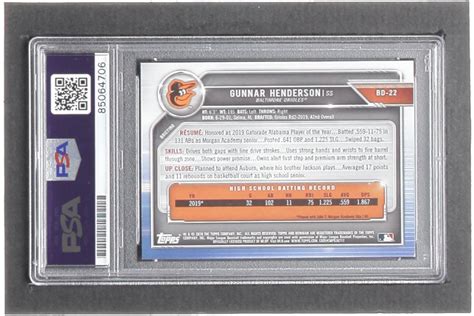 Gunnar Henderson Signed 2019 Bowman Draft Bd22 Rc Psa Pristine Auction