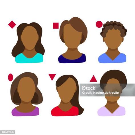 アフリカ系アメリカ人の女性の顔の異なる形態女の子の楕円形円形正方形長方形とダイヤモンド形の顔メガネの形状のためのベクトルテンプレートフラット