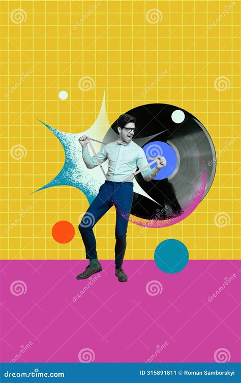 Vertical Photo Collage Of Happy Guy Nerd Hold Suspenders Dance Party Vinyl Plate Retro Occasion