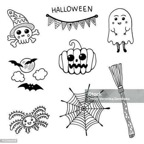 할로윈 귀여운 스티커 낙서 세트 유령 호박 거미 두개골 페이지 라인 아트 색칠하기 소름 끼치고 재미있는 캐릭터 휴일 일러스트