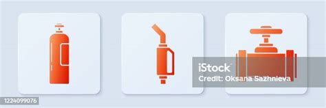 설정 가솔린 펌프 노즐 산업 가스 실린더 탱크 및 산업 금속 파이프 및 밸브 흰색 사각형 버튼입니다 벡터 가솔린에 대한 스톡 벡터 아트 및 기타 이미지 Istock