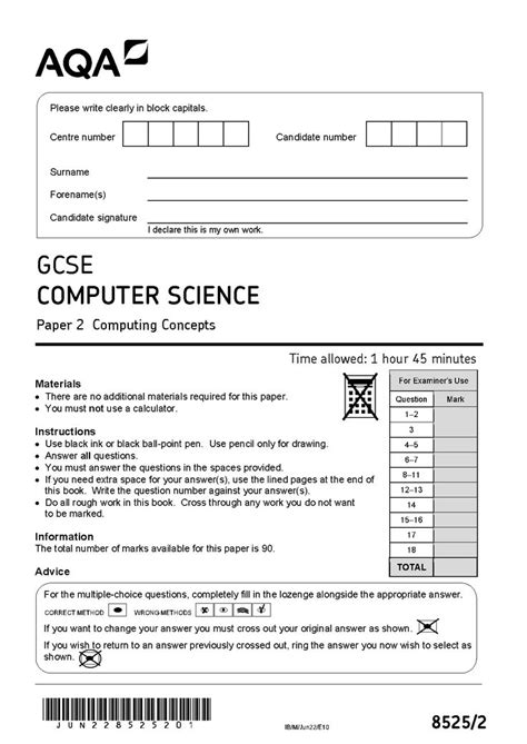 aqa gcse computer science paper 2 june 2022 question paper 8525 2